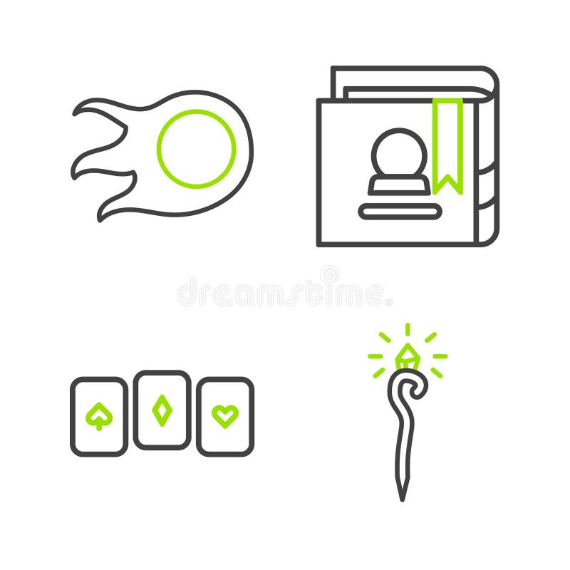 Set Line Magic Staff, Playing Cards, Ancient Magic Book and Fireball ...