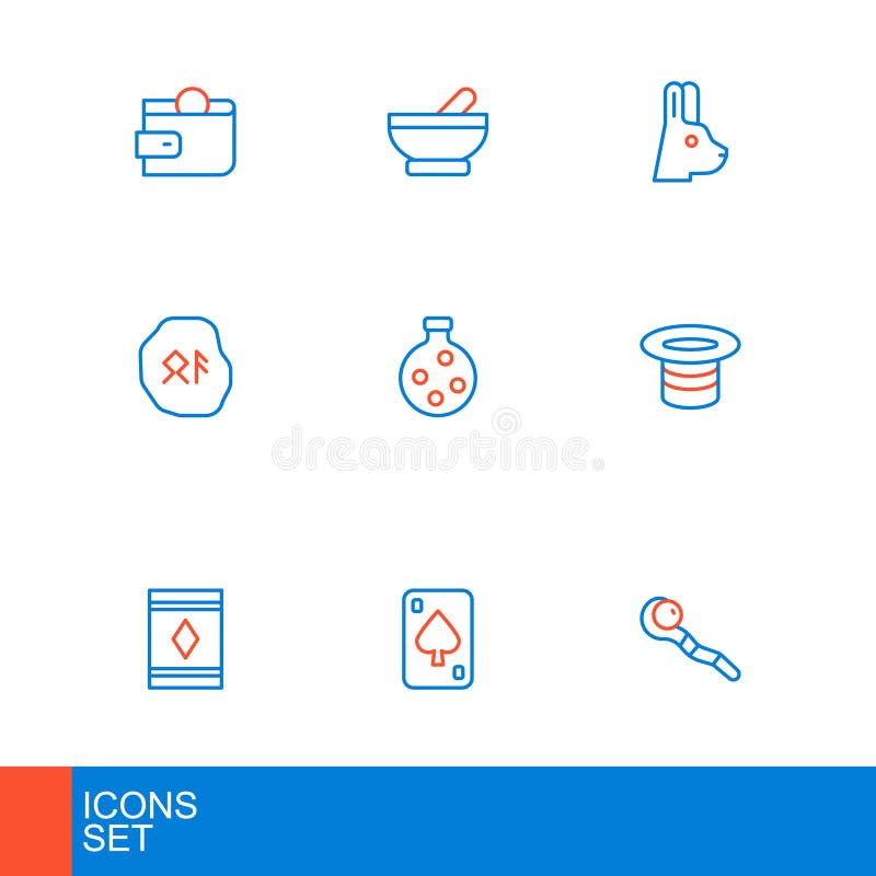 Set Line Magic Staff, Playing Cards, Carpet, Hat, Runes, Bottle with ...