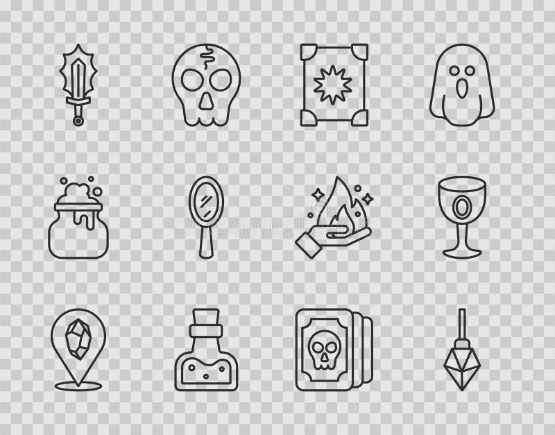 Set Line Magic Stone, Ancient Magic Book, Bottle with Potion, Sword in ...