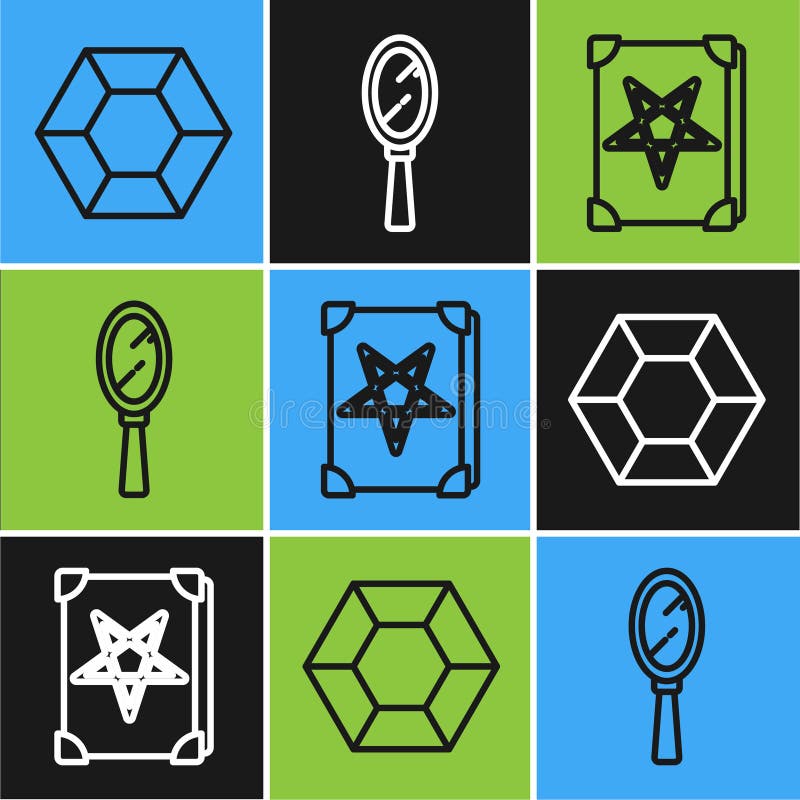 Set Line Magic Stone, Ancient Magic Book and Magic Hand Mirror Icon ...