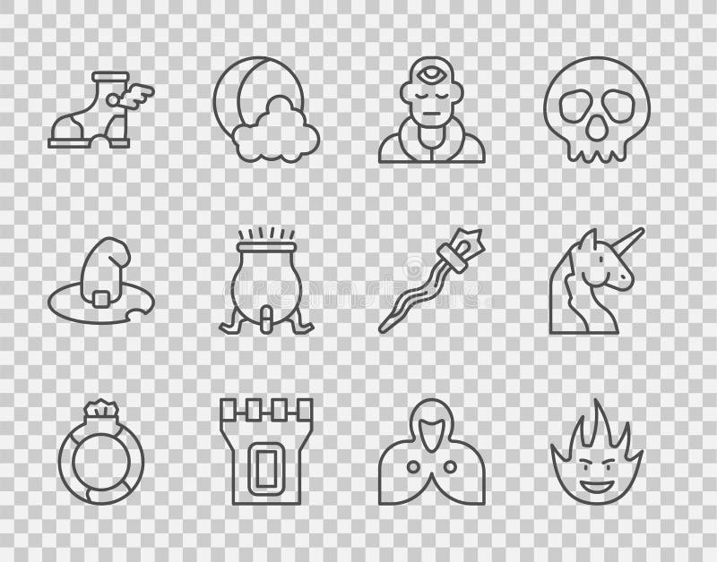 Set Line Magic Stone Ring with Gem, Fire Flame, Wizard Warlock, Castle ...