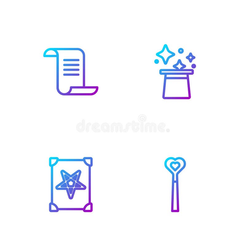 Set Line Magic Wand, Ancient Magic Book, and Hat. Gradient Color Icons ...