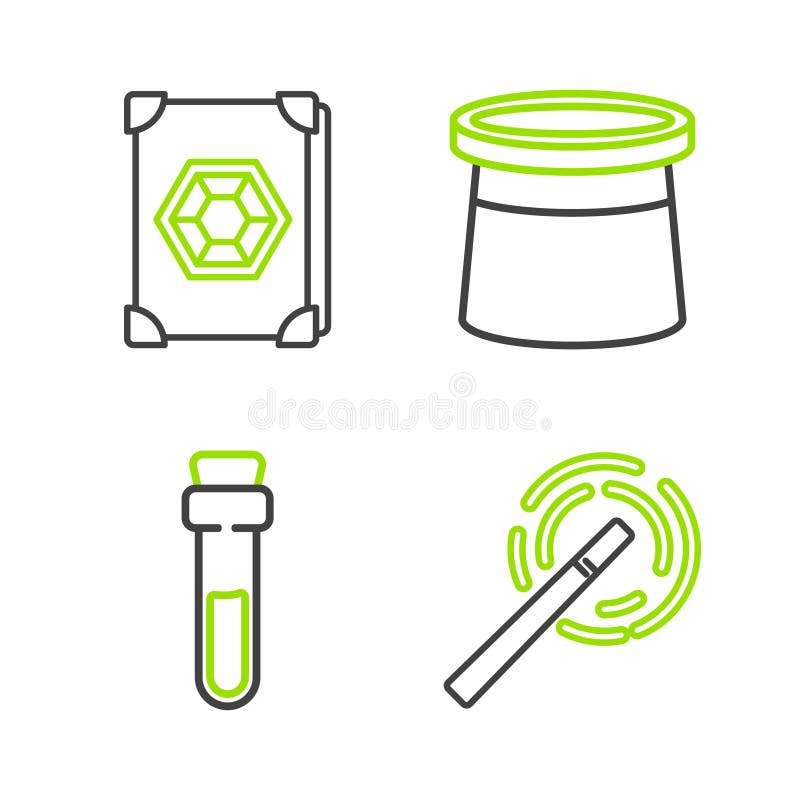 Set Line Magic Wand, Bottle with Love Potion, Magician Hat and Ancient ...