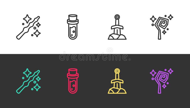 Set Line Magic Wand, Bottle with Potion, Sword in the Stone and Staff ...