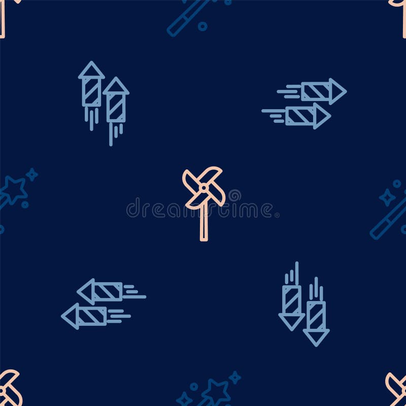 Set Line Magic Wand, Firework Rocket and Pinwheel Toy on Seamless ...