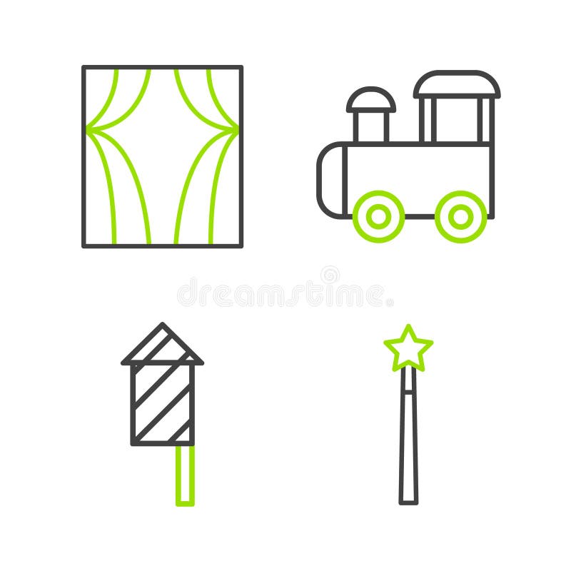 Set Line Magic Wand, Firework Rocket, Toy Train and Circus Curtain ...