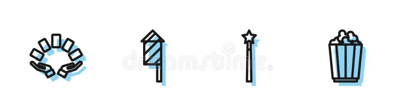 Set Line Magic Wand, Hand Holding Playing Cards, Firework Rocket and ...