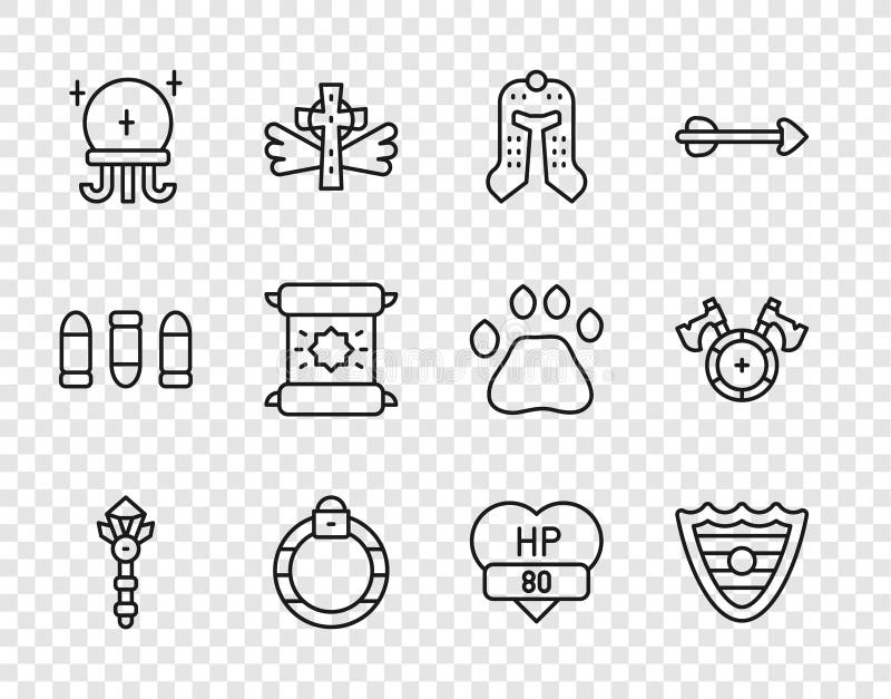 Set Line Magic Wand, Shield, Medieval Helmet, Stone Ring, Ball, Decree ...