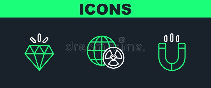Set Line Magnet, Diamond and Planet Earth and Radiation Icon. Vector ... Set Line Magnet, Diamond and Planet Earth and Radiation Icon. Vector ...