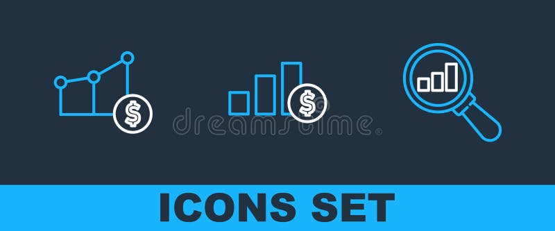 Set Line Magnifying Glass and Analysis, Pie Chart Dollar and Icon ...