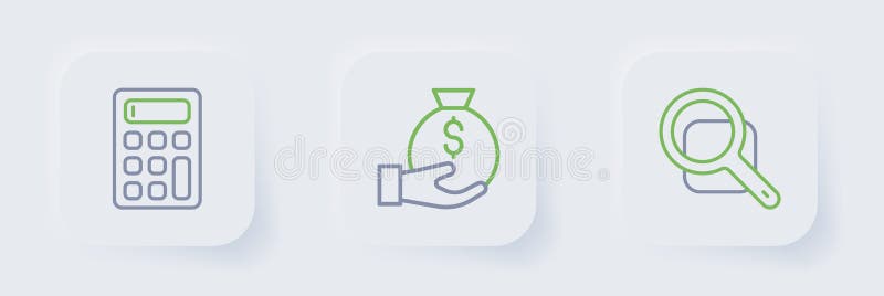 Set Line Magnifying Glass, Money Bag and Calculator Icon. Vector Stock Vector - Illustration of ...
