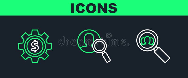 Set Line Magnifying Glass for Search a People, Gear with Dollar Symbol ... Set Line Magnifying Glass for Search a People, Gear with Dollar Symbol ...