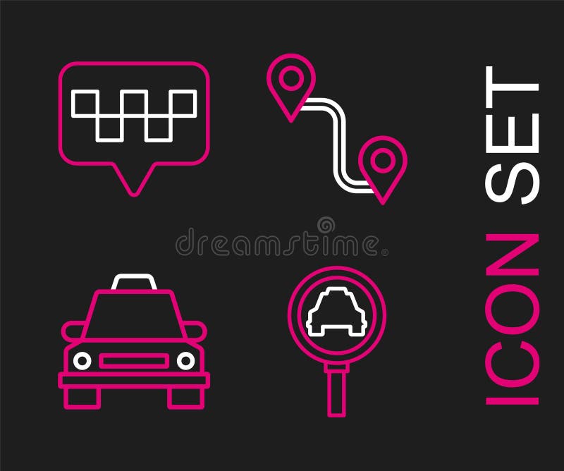 Set Line Magnifying Glass and Taxi Car, Taxi, Route Location and Map ...