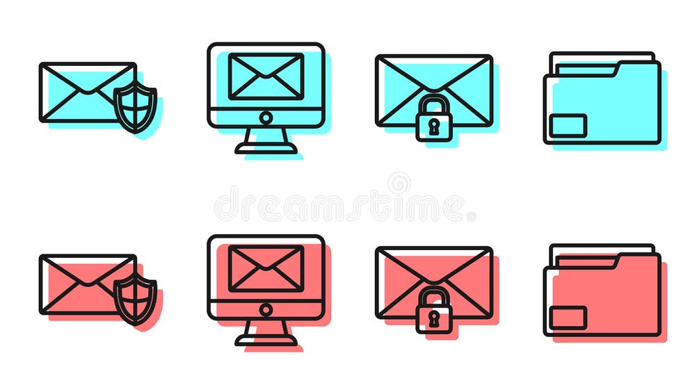 Set Line Mail Message Lock Password, Envelope with Shield, Monitor and Envelope and Document ...