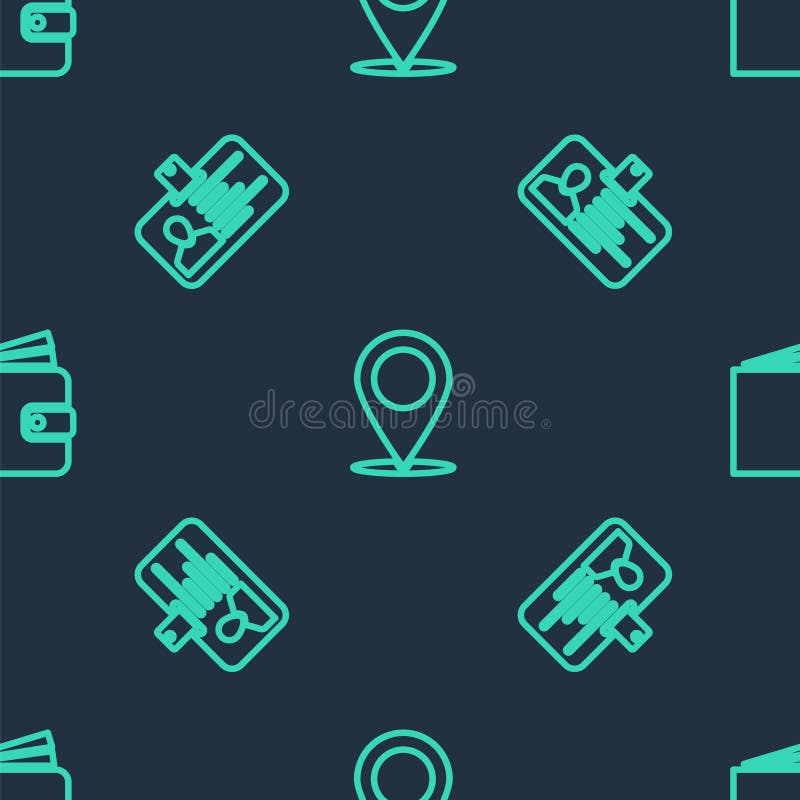 Set Line Map Pin, Identification Badge and Wallet on Seamless Pattern ...