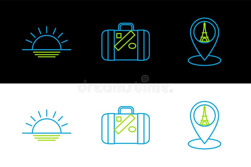Set Line Map Pointer with Eiffel Tower, Sunset and Suitcase for Travel ... Set Line Map Pointer with Eiffel Tower, Sunset and Suitcase for Travel ...