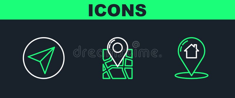 Set Line Map Pointer with House, Paper Airplane and Folded Map Location ... Set Line Map Pointer with House, Paper Airplane and Folded Map Location ...