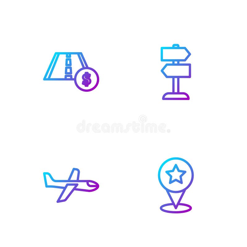 Set Line Map Pointer with Star, Plane, Toll Road Traffic Sign and Road ...