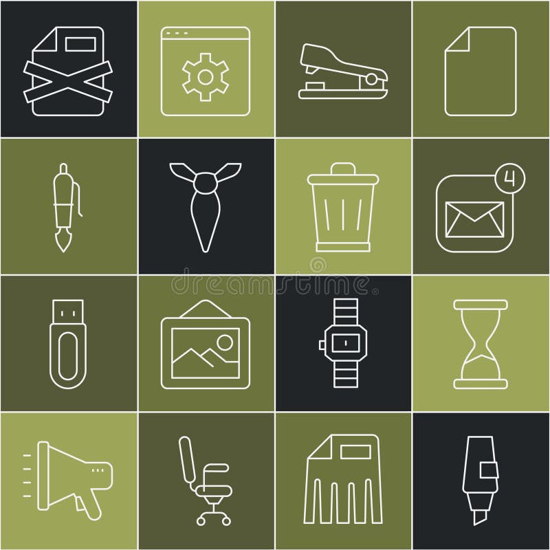 Set Line Marker Pen, Old Hourglass, Envelope, Stapler, Tie, Fountain ... Set Line Marker Pen, Old Hourglass, Envelope, Stapler, Tie, Fountain ...
