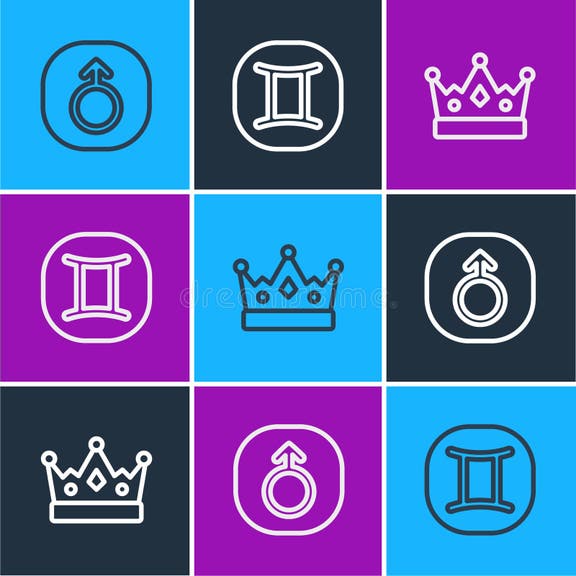 Set Line Mars, King Crown and Gemini Zodiac Icon. Vector Stock ...
