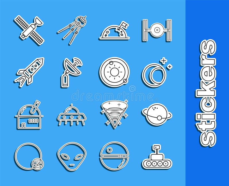 Set Line Mars Rover, Planet, Moon and Stars, with Flag, Radar, Rocket ...