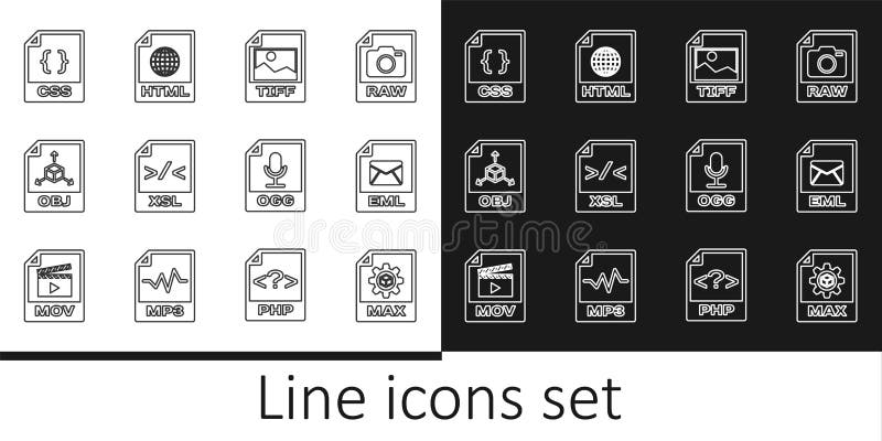 Set Line Max File Document Eml Tiff Xsl Obj Css Ogg And Html Icon Vector Stock Vector