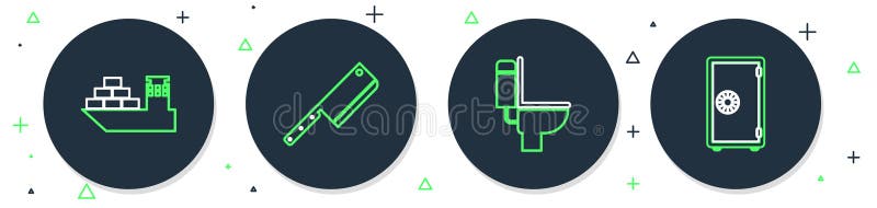 Set Line Meat Chopper, Toilet Bowl, Cargo Ship and Safe Icon. Vector ...