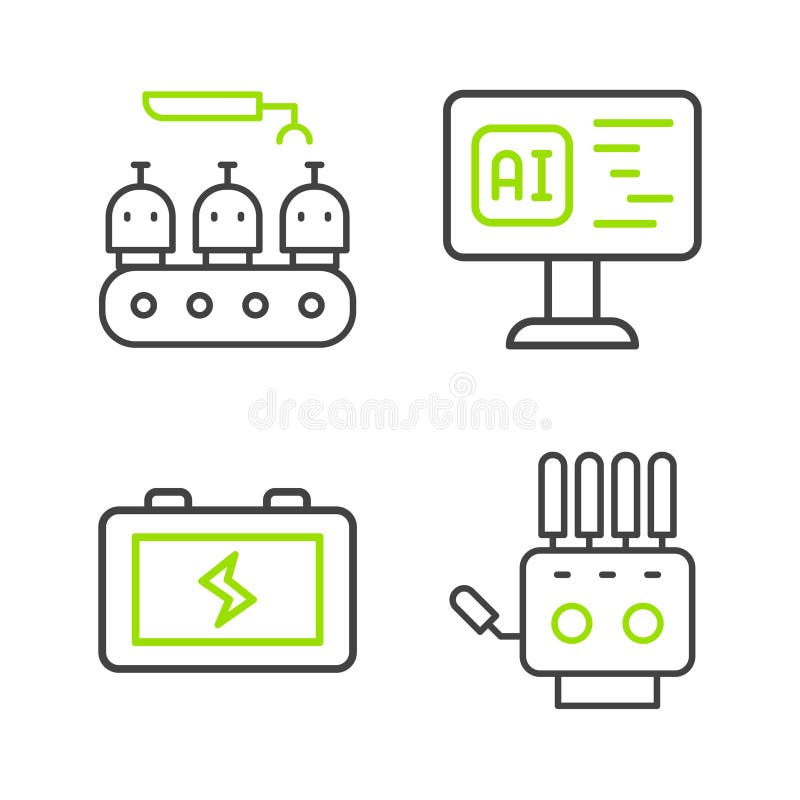 Set Line Mechanical Robot Hand, Battery, Software and Industrial Production Robots Icon. Vector ...