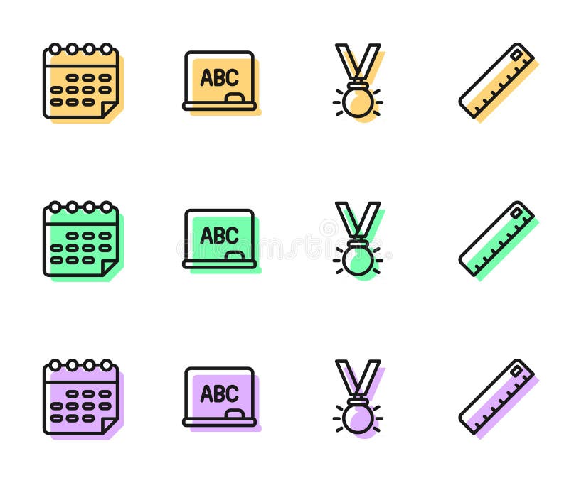 Set Line Medal, School Timetable, Chalkboard and Ruler Icon. Vector ...
