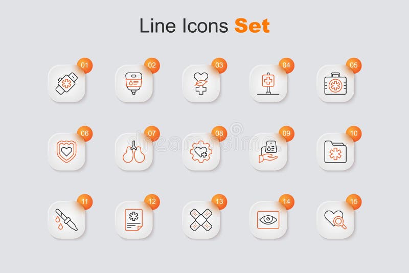 Set Line Medical Heart Inspection, Red Eye Effect, Crossed Bandage ... Set Line Medical Heart Inspection, Red Eye Effect, Crossed Bandage ...