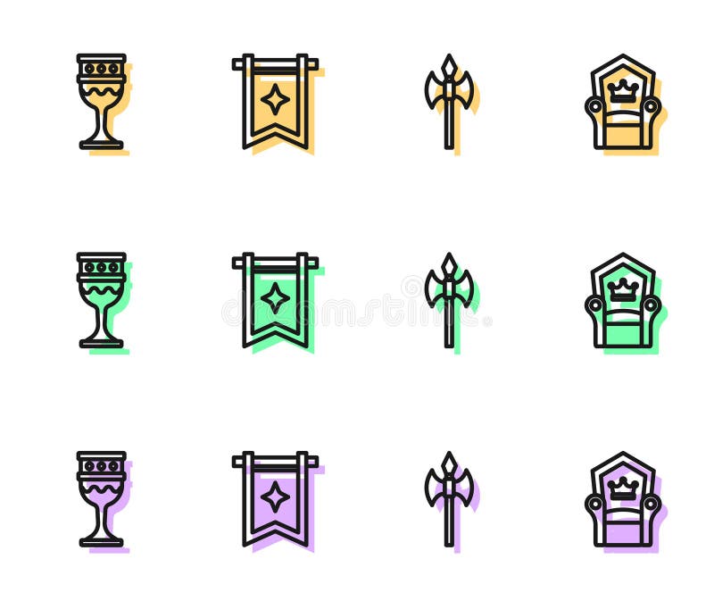 Set Line Medieval Axe, Goblet, Flag and Throne Icon. Vector Stock ...