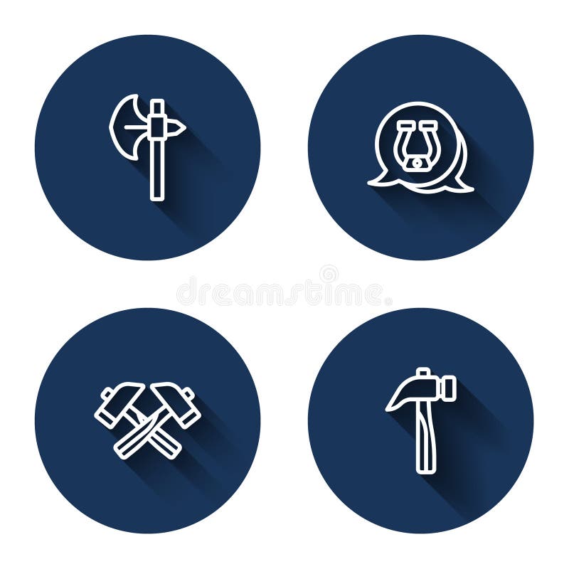 Set Line Medieval Axe, Horseshoe, Crossed Hammer and Hammer with Long ...