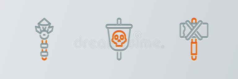 Set Line Medieval Axe, Magic Wand and Pirate Flag Icon. Vector Stock ...