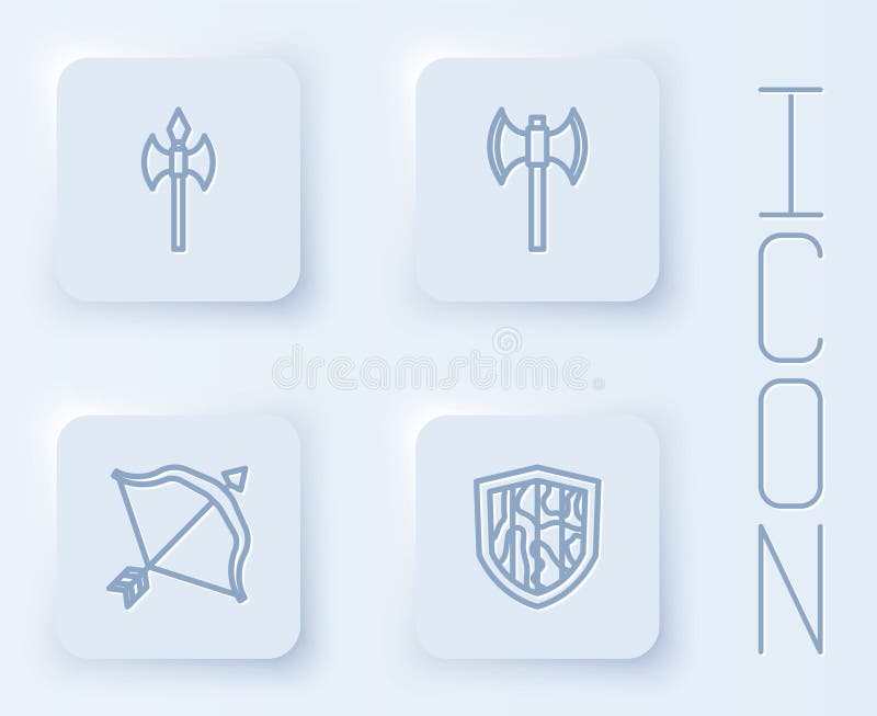 Set Line Medieval Axe, Poleaxe, Bow and Arrow and Shield. White Square ...