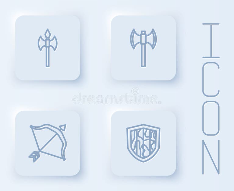Set Line Medieval Axe, Poleaxe, Bow and Arrow and Shield. White Square ...