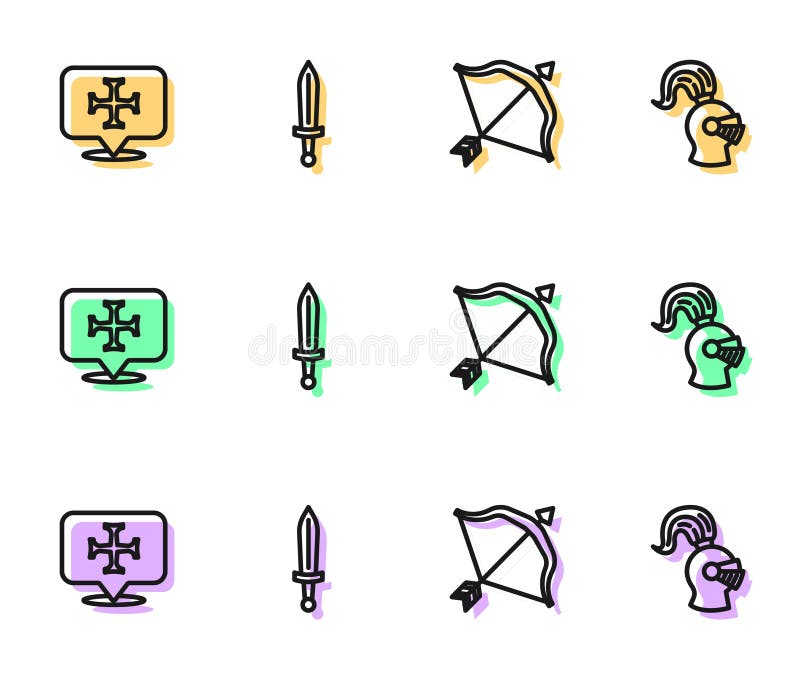 Set Line Medieval Bow and Arrow, Crusade, Sword and Helmet Icon. Vector ...