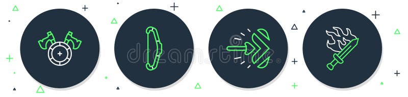 Set Line Medieval Bow, Magic Arrow, Shield with Axe and Sword for Game ...