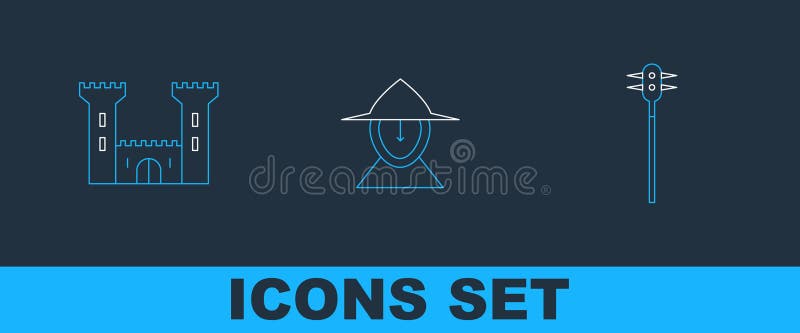 Set Line Medieval Chained Mace Ball, Castle and Iron Helmet Icon ...