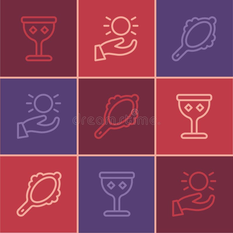 Set Line Medieval Goblet, Magic Hand Mirror and Ball Levitating Above ...