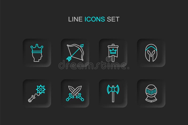 Set Line Medieval Helmet, Poleaxe, Crossed Medieval Sword, Mace with ...