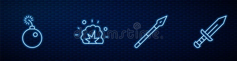 Set Line Medieval Spear, Bomb Ready To Explode, Explosion and Sword ...