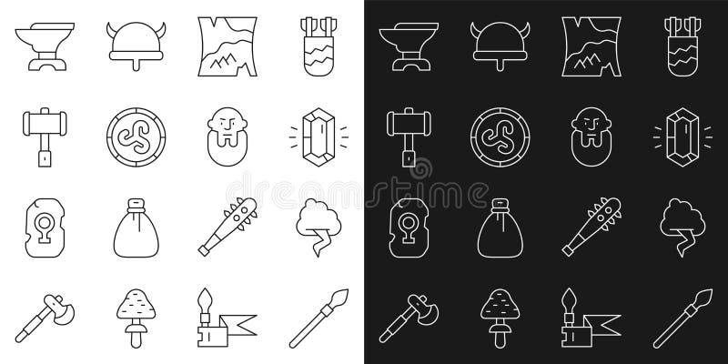 Set Line Medieval Spear, Cloud and Lightning, Gem Stone, Folded Map ...