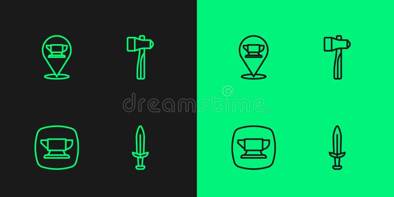 Set Line Medieval Sword, Blacksmith Anvil Tool, and Hammer Icon. Vector ...