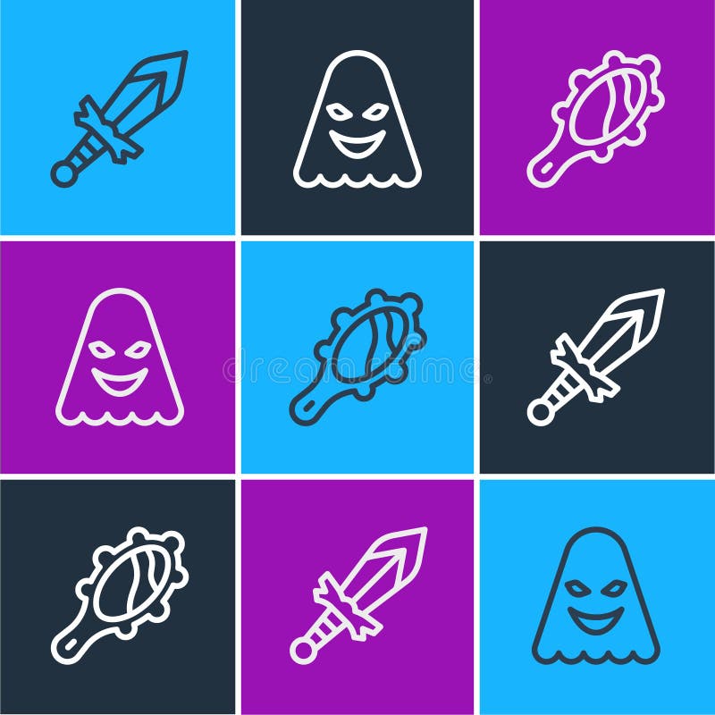 Set Line Medieval Sword, Magic Hand Mirror and Ghost Icon. Vector Stock ...