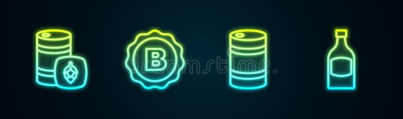 Set Line Metal Beer Keg, Bottle Cap with, and Beer Bottle. Glowing Neon ...