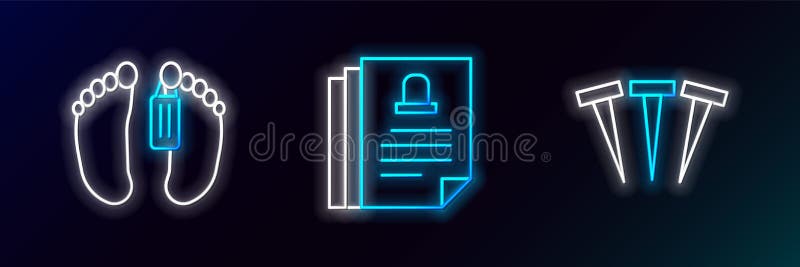 Set Line Metallic Nails, Dead Body and Death Certificate Icon. Glowing ...