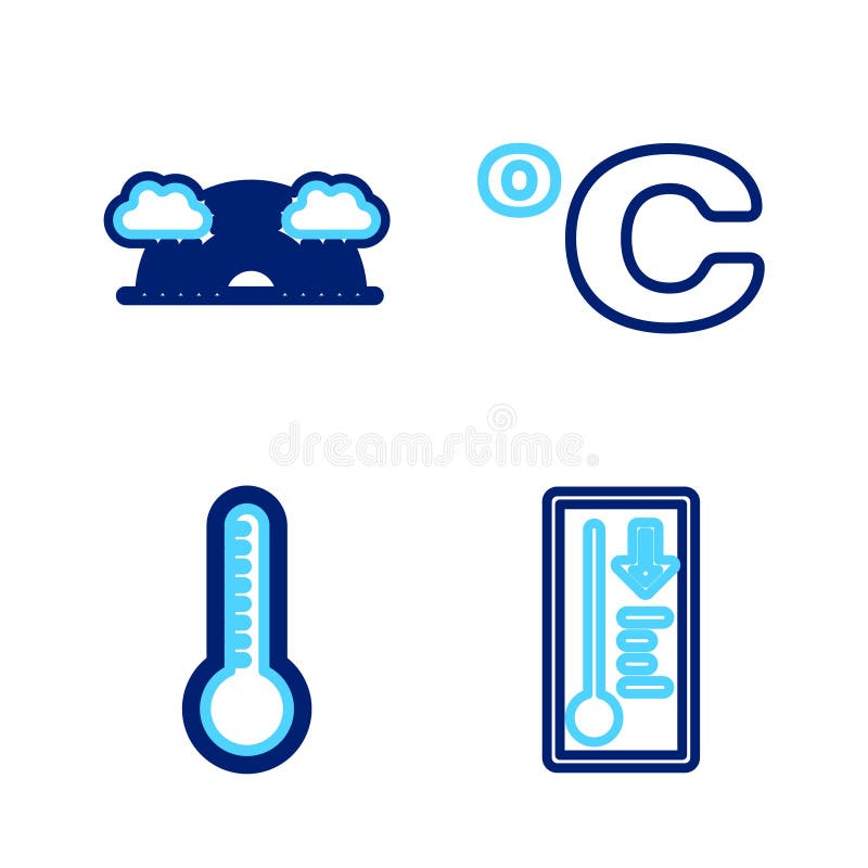 Set Line Meteorology Thermometer, Celsius and Rainbow with Clouds Icon ...