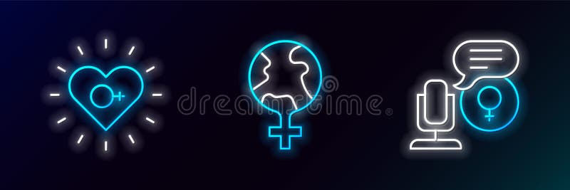 Set Line Microphone, Feminism and the World Icon. Glowing Neon. Vector ... Set Line Microphone, Feminism and the World Icon. Glowing Neon. Vector ...
