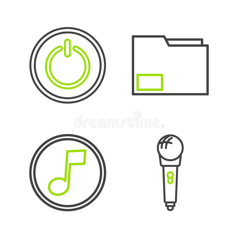 Set Line Microphone, Music Note, Tone, Document Folder and Power Button ...