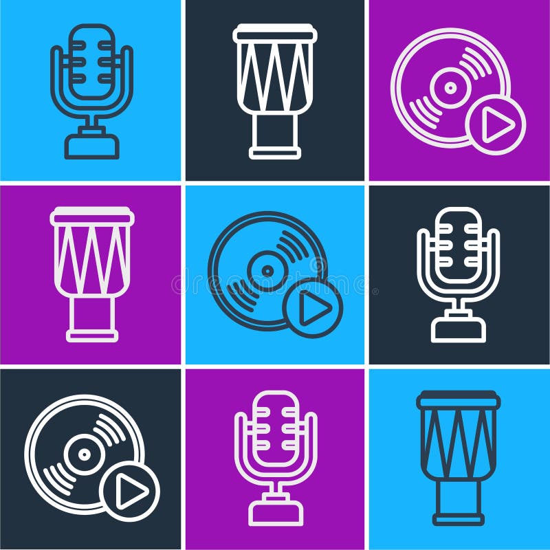 Set Line Microphone, Vinyl Disk and Drum Icon. Vector Stock Vector ...